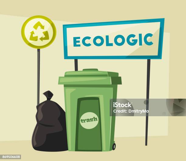 Ecologic 고 쓰레기입니다 만화 벡터 일러스트입니다 청소 회사 가방에 대한 스톡 벡터 아트 및 기타 이미지 가방 가정