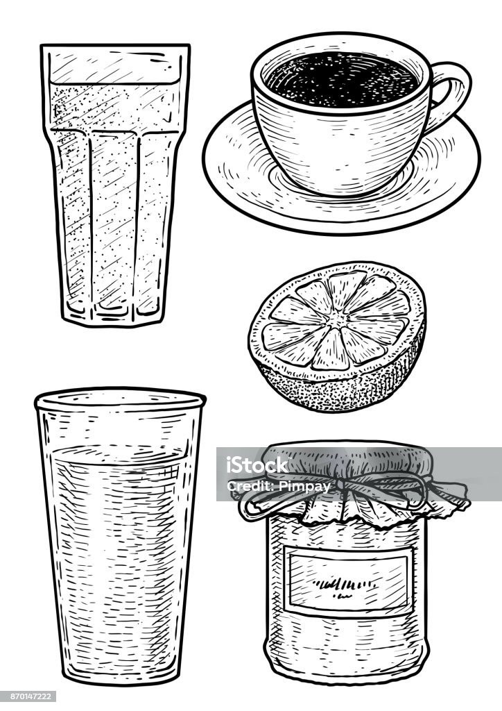 Kopi Susu Selai Dan Ilustrasi Jus Jeruk Gambar Ukiran Tinta Seni Garis