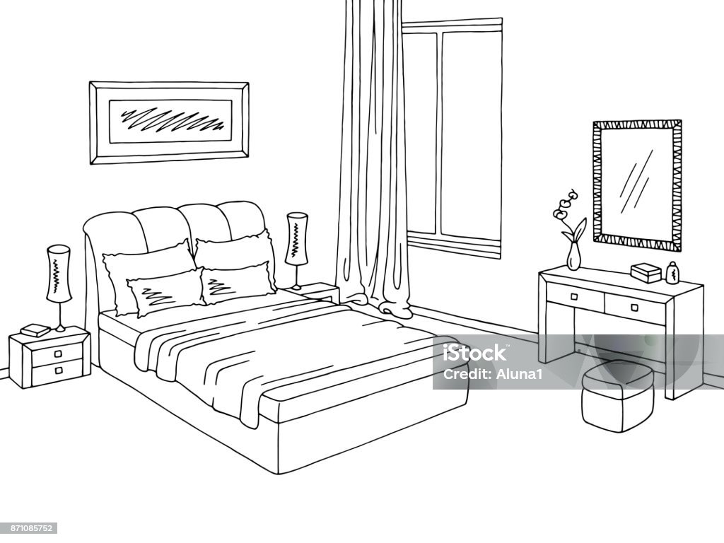 Kamar Tidur Grafis Hitam Putih Interior Sketsa Ilustrasi Vektor