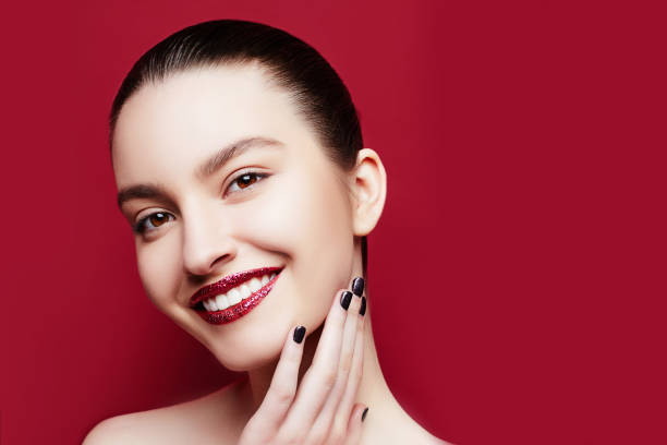 1 700 Beauty Woman Face Red Lips Natural Clean Healthy Skin Stock