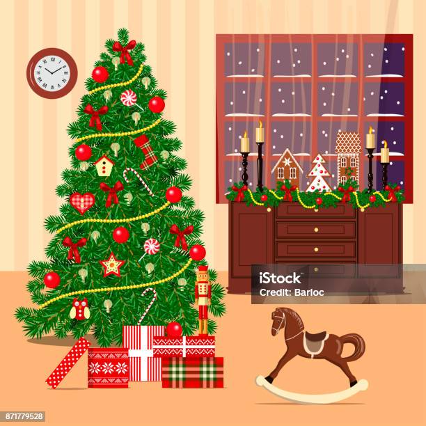 Kamar Natal Yang Didekorasi Dengan Pohon Xmas Jendela Mainan Ilustrasi ... Kamar Natal Yang Didekorasi Dengan Pohon Xmas Jendela Mainan Ilustrasi ...