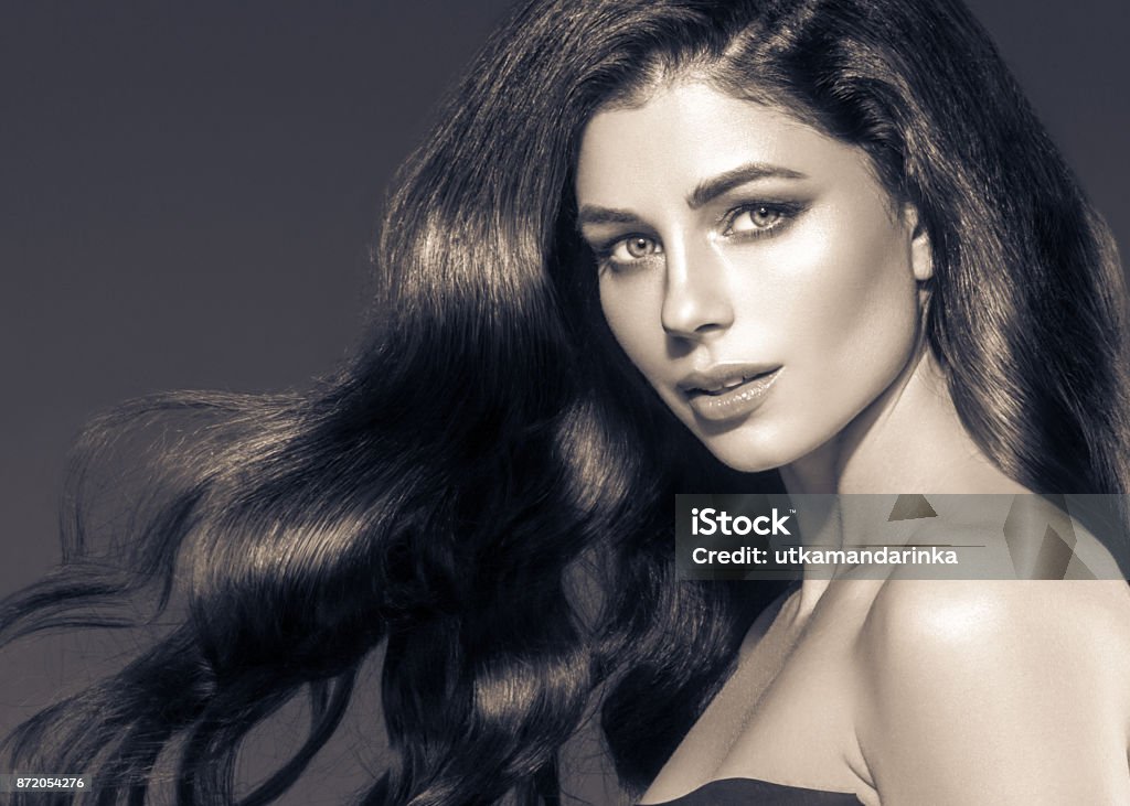 Black Hair Woman Beautiful Brunette Hairstyle Fashion Portrait With Beauty Long Black Hair Over
