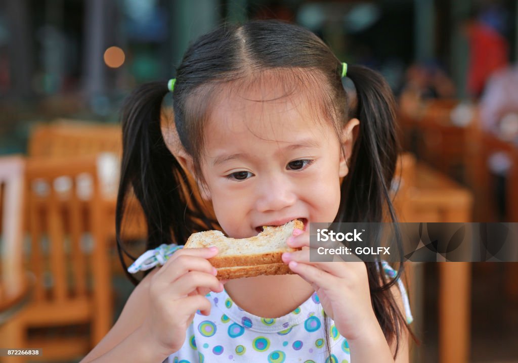 Cute Little Asian Girl Bite Bread Sheet Asian Girl Having Breakfast