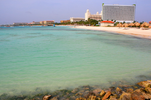 Idyllic Palm Beach Tropical Turquoise Beach With Boats And Ships