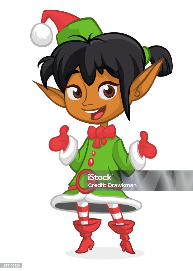 Happy Cartoon Smiling Blonde Girl Christmas Santas Elf Vector Illustration Isolated On White