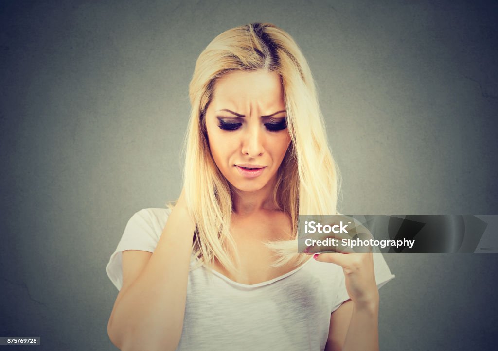 Closeup Sad Woman Unhappy She Has Split Ends And Losing Hair Human Face