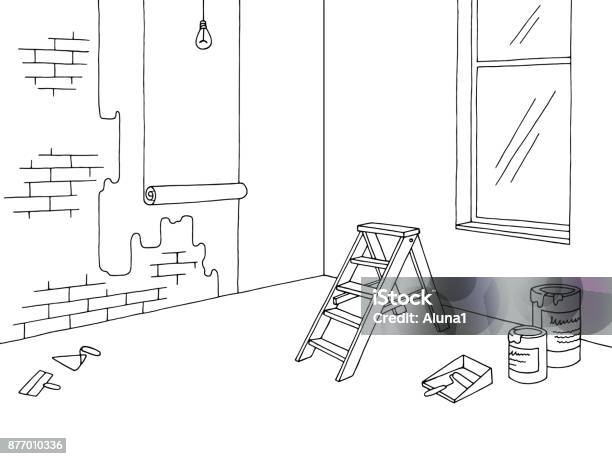 Renovasi Ruang Interior Grafis Hitam Putih Sketsa Ilustrasi Vektor
