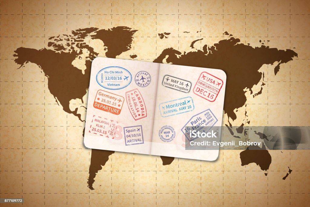 Buka Paspor Asing Dengan Stempel Visa Internasional Di Peta Dunia Kuno ... Buka Paspor Asing Dengan Stempel Visa Internasional Di Peta Dunia Kuno ...