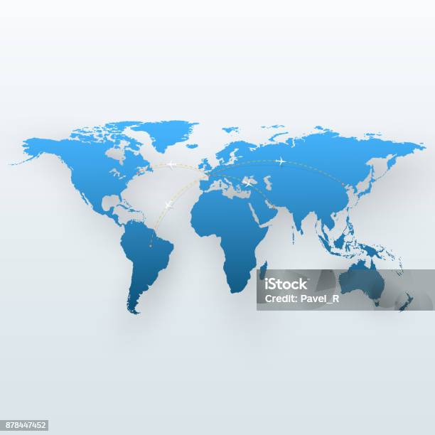 World Travel Map With Flying Airplanes Dashed Trace Line Travel Vector