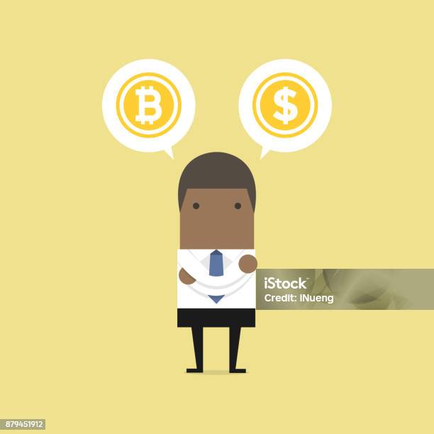 Bitcoin 또는 달러 선택 아프리카 사업가입니다 개념에 대한 스톡 벡터 아트 및 기타 이미지 개념 개념과 주제 거래자