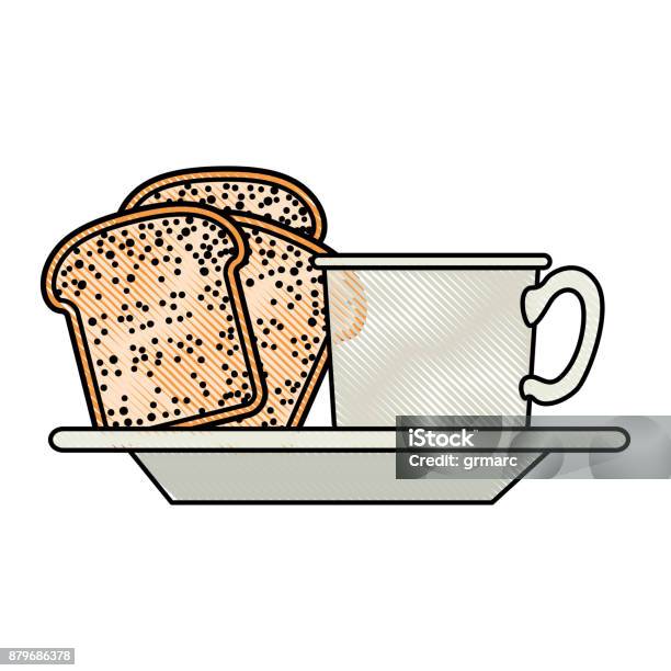 Cangkir Kopi Dan Irisan Roti Pada Hidangan Dalam Siluet Krayon Berwarna ... Cangkir Kopi Dan Irisan Roti Pada Hidangan Dalam Siluet Krayon Berwarna ...