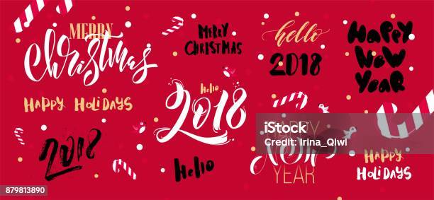 Set Desain Kaligrafi Dan Huruf Natal Dan Tahun Baru Ilustrasi Stok
