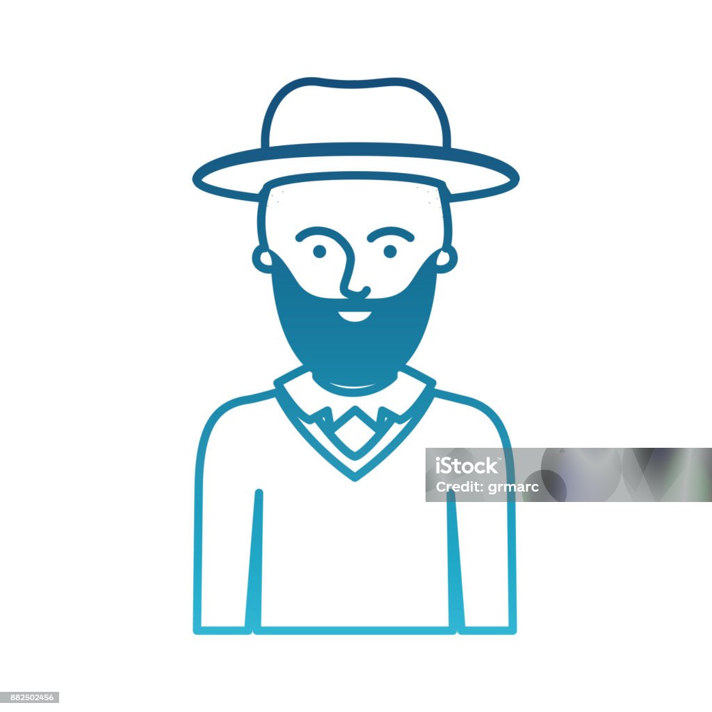 Man Half Body With Hat And Sweater With Short Hair And Beard In