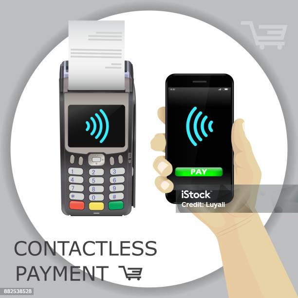 Pos 단말기 손을와 스마트폰 배경입니다 무선 Wifi 로그인 하십시오입니다 개념에 대한 스톡 벡터 아트 및 기타 이미지