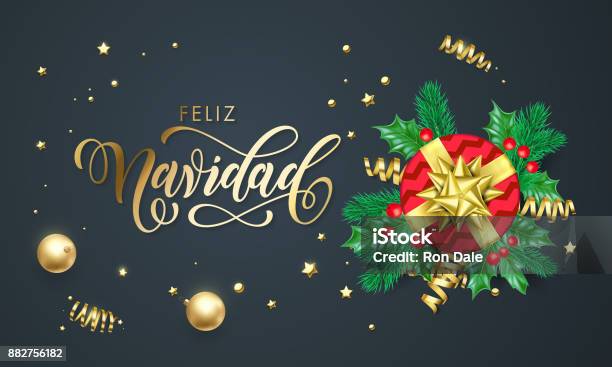 Feliz Navidad 스페인어 메리 크리스마스 황금 장식과 골드 글꼴 서 인사말 카드 디자인 새 해 휴일 색종이 검은 배경에