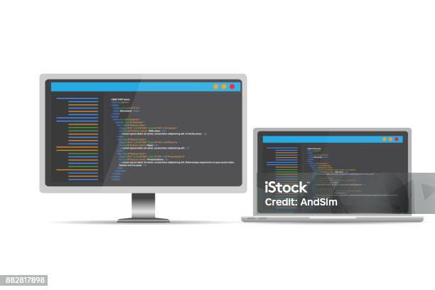 Html Code Website Laptop Desktop Coding Programming Concept Vector