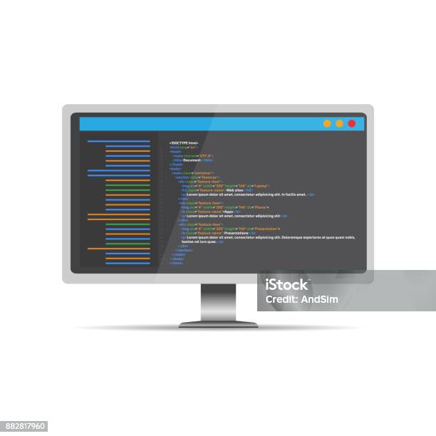Html 코드 웹사이트입니다 데스크톱 코딩 프로그래밍 개념입니다 벡터 일러스트입니다 Php 프로그래밍 언어에 대한 스톡 벡터 아트 및 기타 이미지 Php 프로그래밍 언어