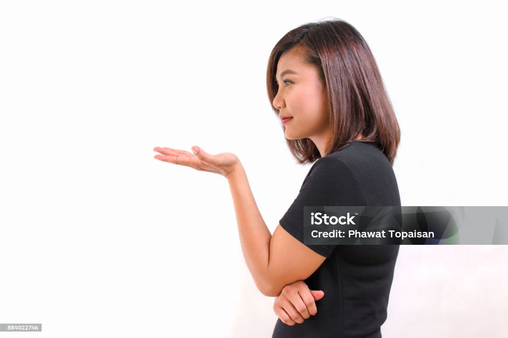 Beautiful Young Asian Woman Fashion Make Up Showing Empty Copy Space On