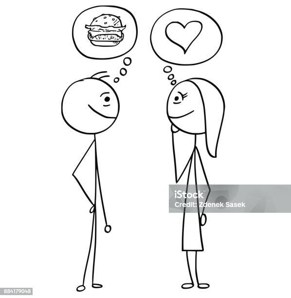 Vecteur Caricature Dhomme Et Femme Parle De Hamburger Et Lamour