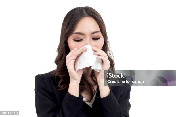 Sick Woman Blowing Her Nose With Tissues Isolated On White Background