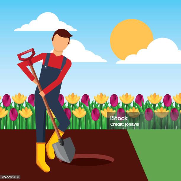 Tukang Kebun Menggali Lubang Dengan Sekop Di Lanskap Taman Ilustrasi ... Tukang Kebun Menggali Lubang Dengan Sekop Di Lanskap Taman Ilustrasi ...