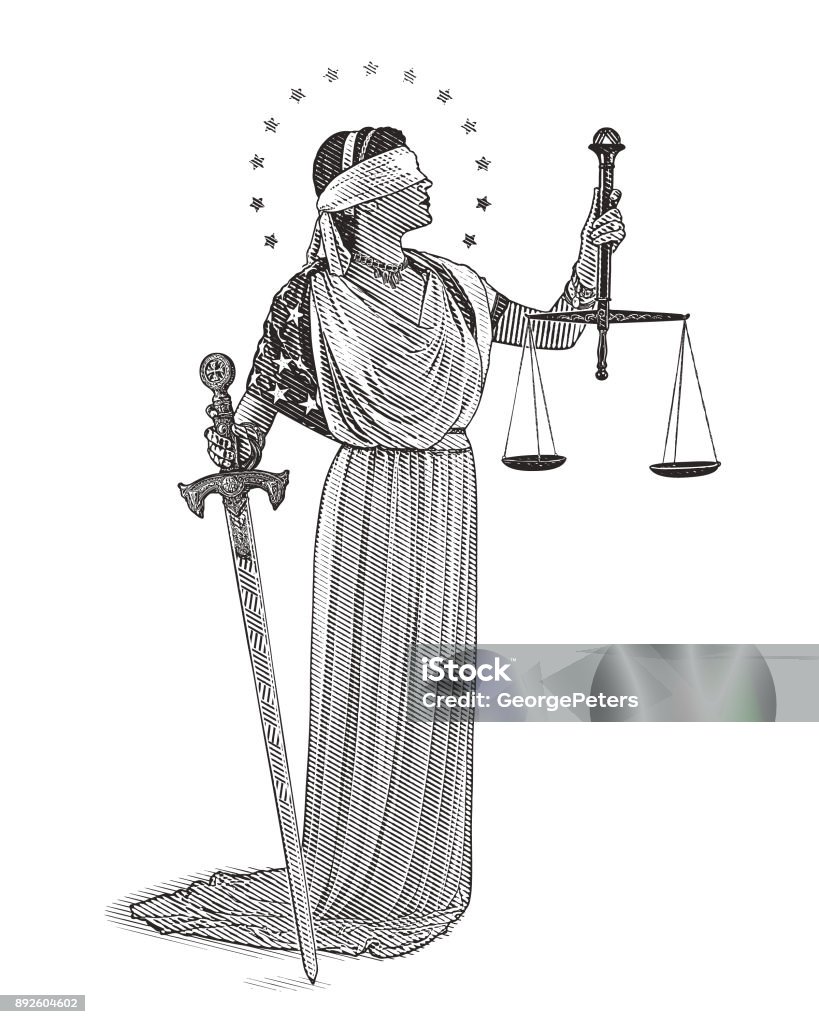 Gravure Illustration De Dame Justice Tenue Épée Et Échelles Avec Les