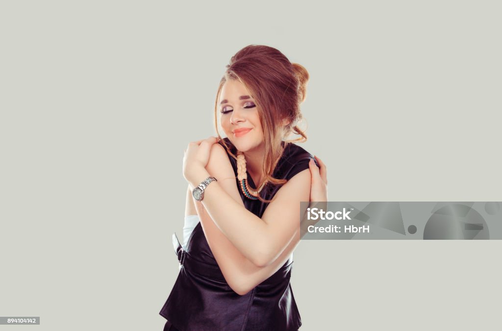 Love Yourself Closeup Portrait Confident Smiling Woman Holding Hugging