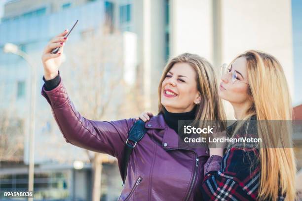 Friends Making Selfie Two Beautiful Young Women Making Selfie Stock