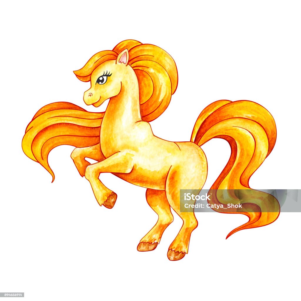 재미 있는 오렌지 조랑말 작은 말 수채화 그림 유니콘에 대한 스톡 벡터 아트 및 기타 이미지 유니콘 환상의 세계 경마