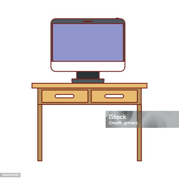 Meja Meja Dengan Laci Dan Komputer Desktop Di Atas Dalam Siluet