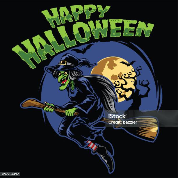 Penyihir Desain Halloween Dan Sapu Terbang Ilustrasi Stok Unduh