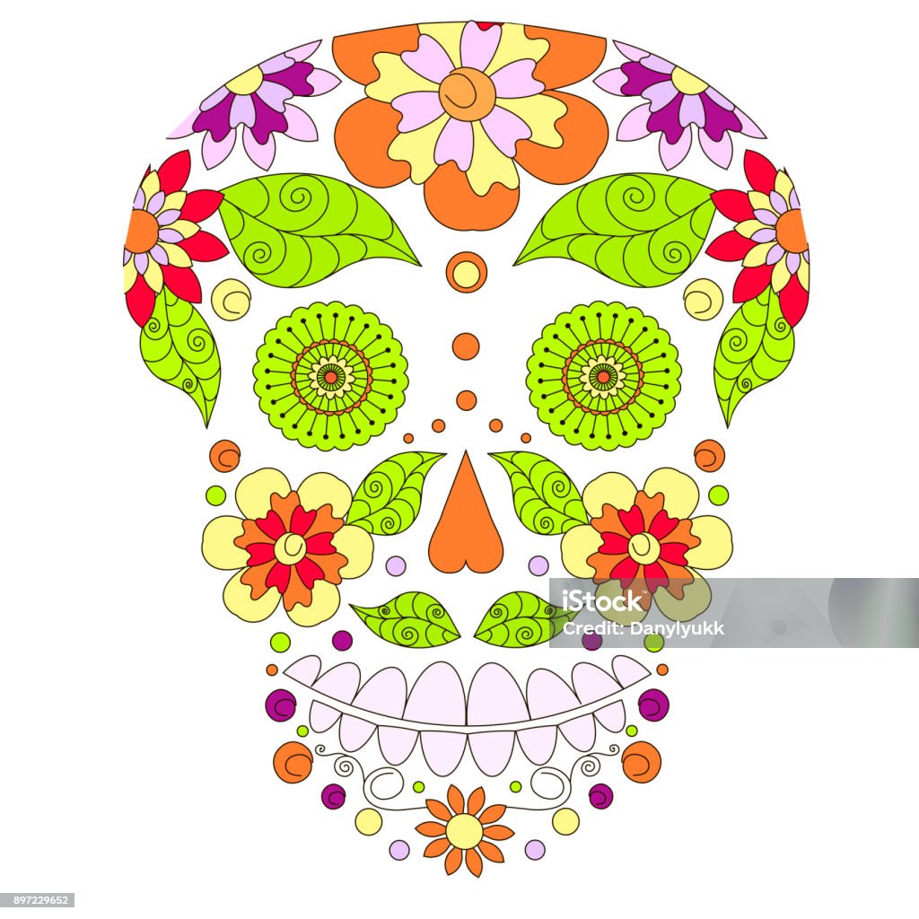 Doodle Stilisierte Bunte Schädel Hand Zeichnung Blume Kontur Lager Vektorillustration Stock