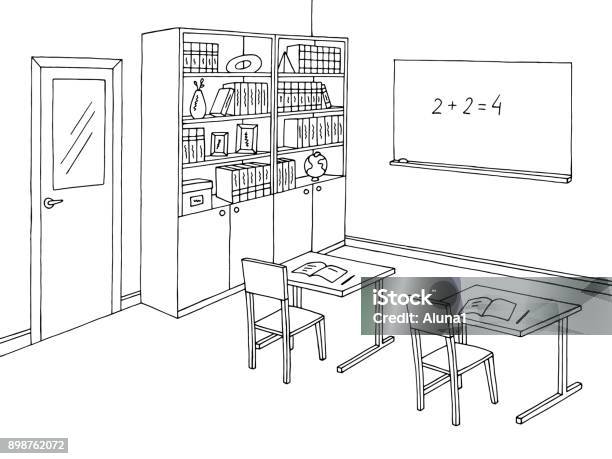 Vektor Ilustrasi Sketsa Interior Putih Putih Kelas Ilustrasi Stok