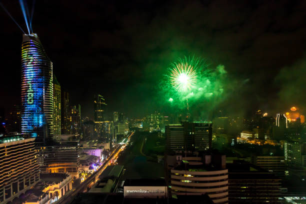 210 Fireworks Countdown Happy New Year Bangkok Asia Thailand Stock