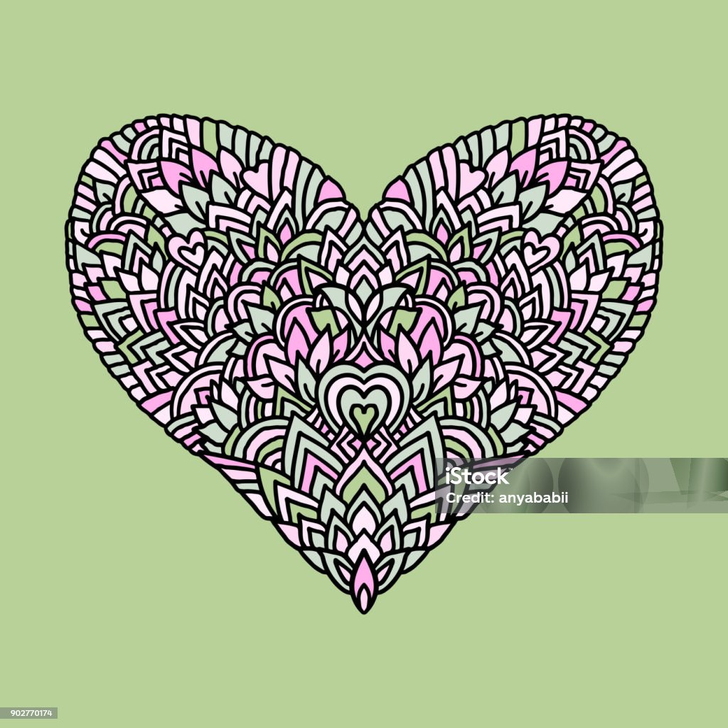 Handdrawn Zentangle 심장입니다 발렌타인 하루 카드 만다라 스타일 디자인입니다 색칠 공부 책 패턴입니다 벡터 낙서