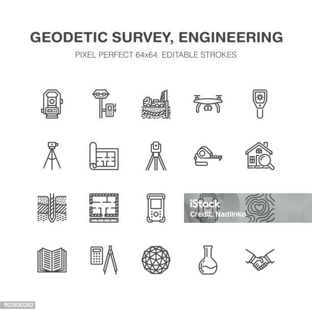 Geodetic 조사 엔지니어링 벡터 플랫 라인 아이콘입니다 측지학 장비 Tacheometer 경위의 삼각대입니다 지질 연구