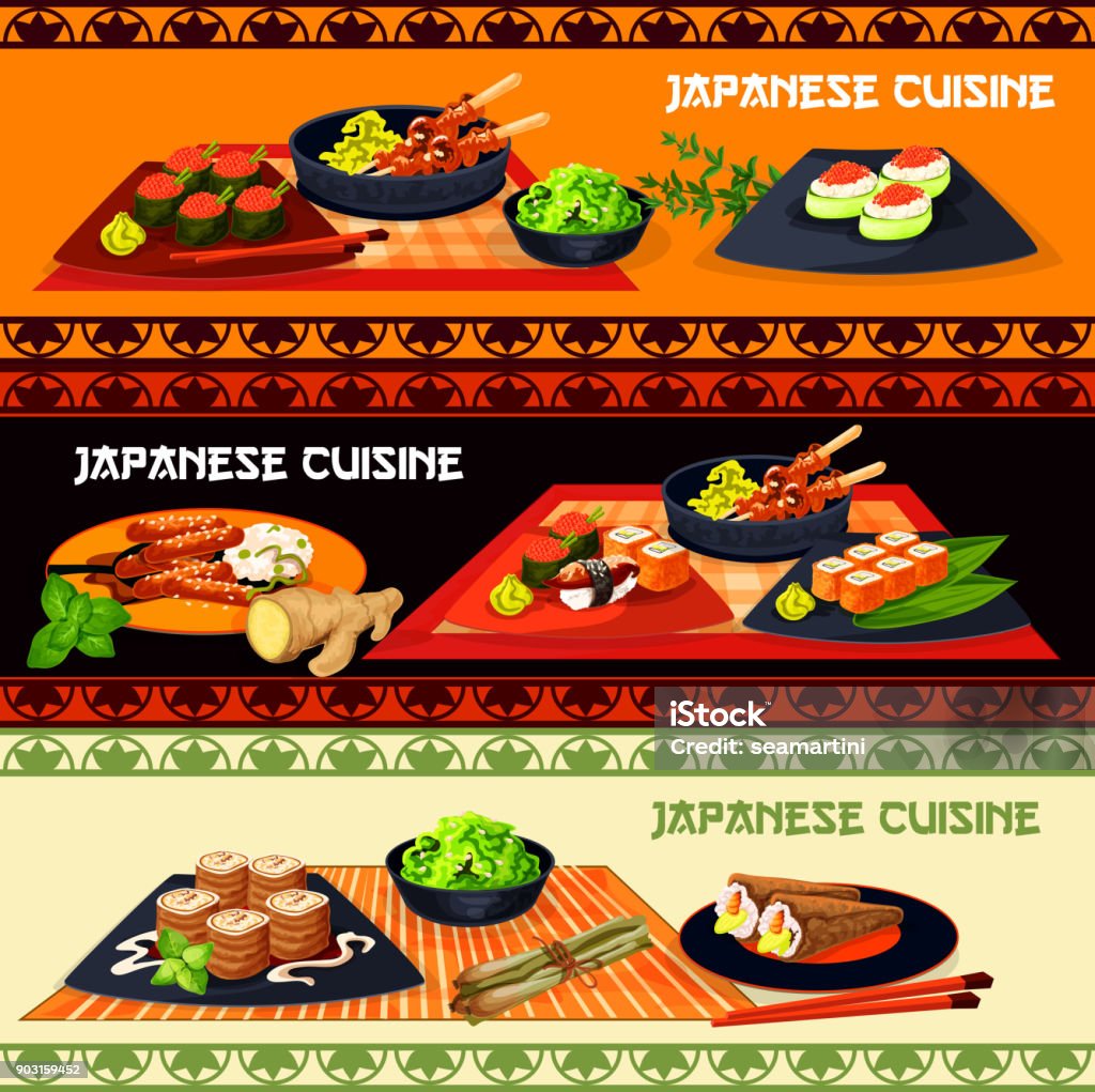 Spanduk Restoran Jepang Dengan Hidangan Makan Malam Ilustrasi Stok