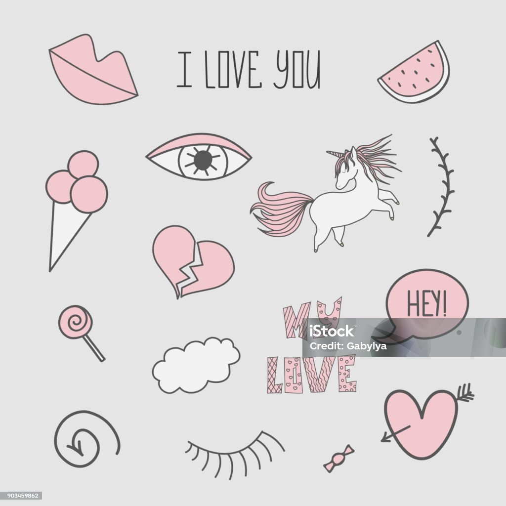 Patch Badges With Unicorns Valentines Elements Vector Illustration