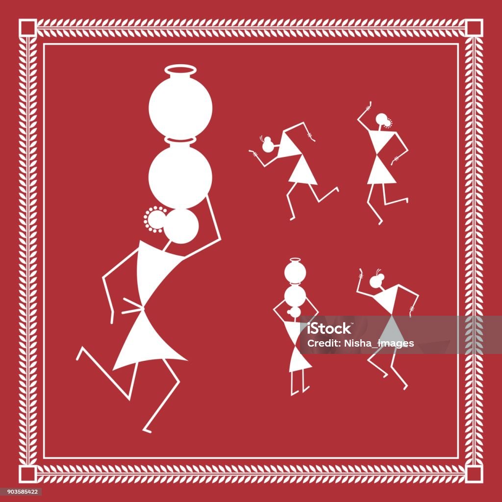 Stock Ilustrace Kmen Warli Malba Každodenních Aktivit Žena Nesoucí Vodu V Květináčích Stáhnout