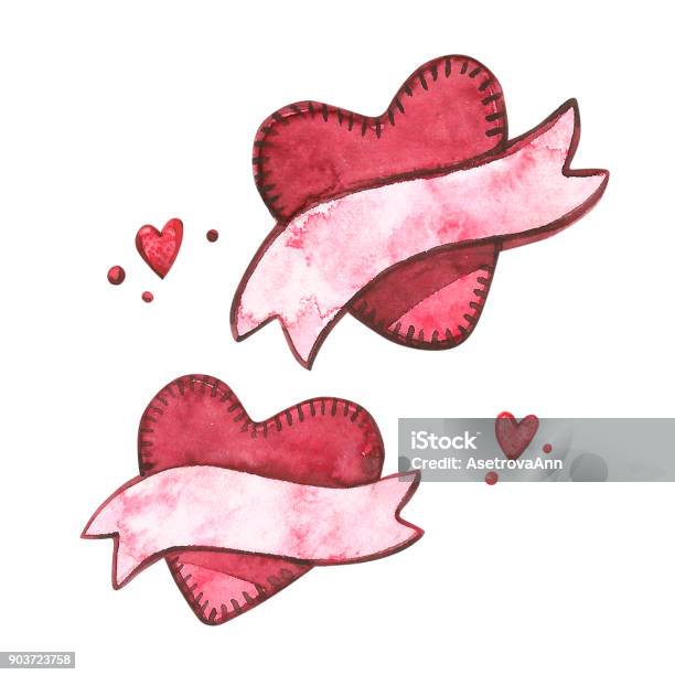 Tangan Digambar Hati Seperangkat Elemen Watercolor Pink Untuk Hari