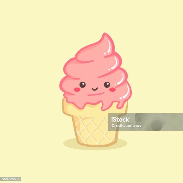 Cute Strawberry Pink Ice Cream Cone Vector Illustration Cartoon Stock