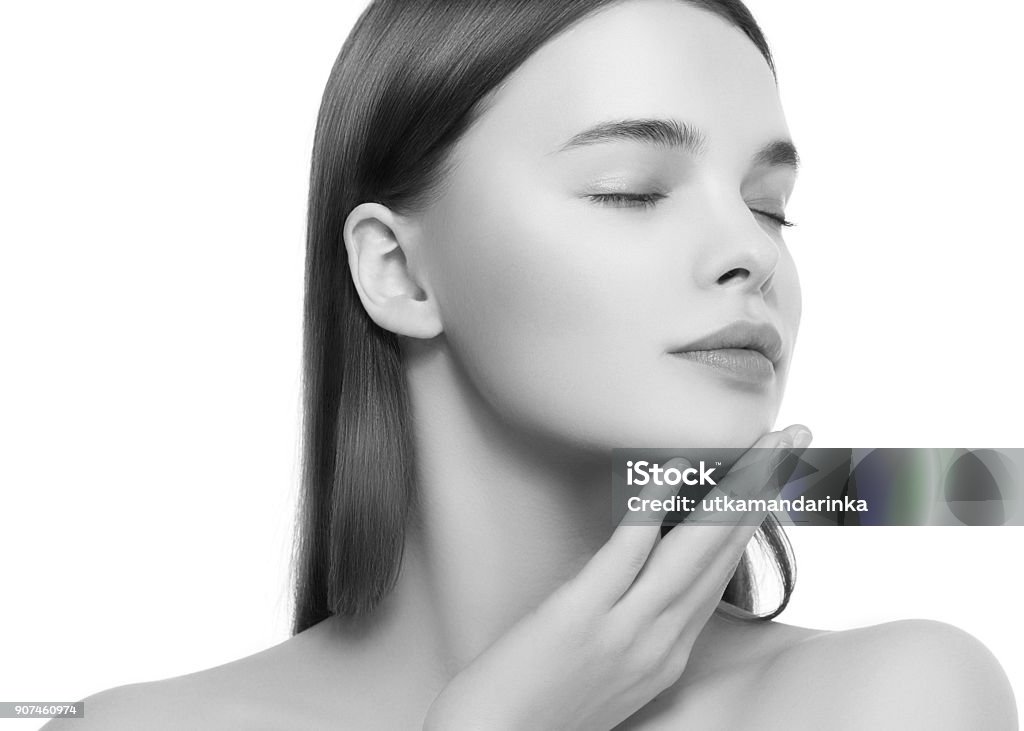 Young Beautiful Woman Face Portrait With Healthy Skin Black And White
