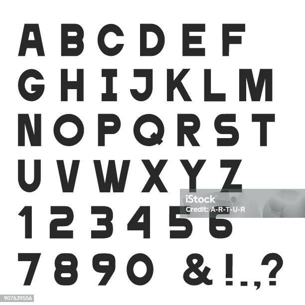 Font Sederhana Hitam Huruf Alfabet Angka Dan Tanda Baca Ilustrasi Stok