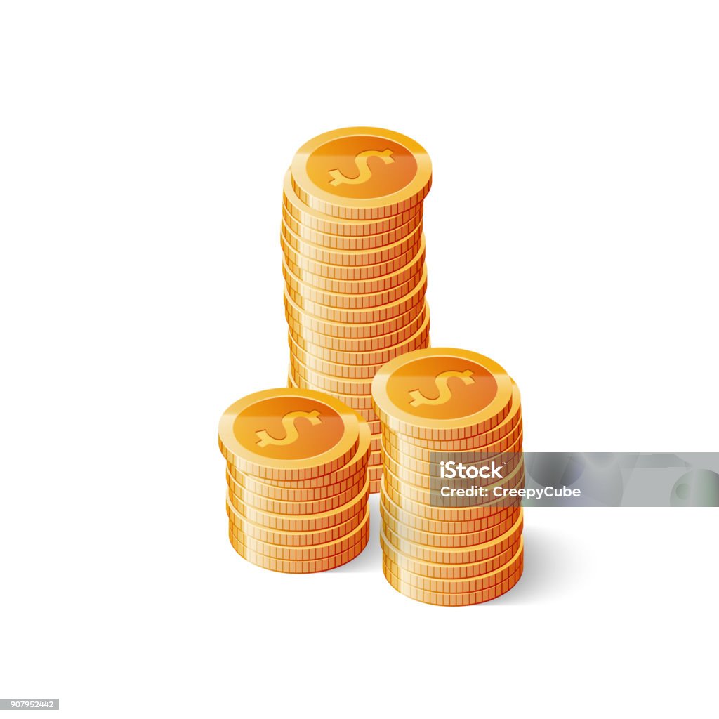 Stack Of Gold Dollar Coins Isolated On White Background Isometric