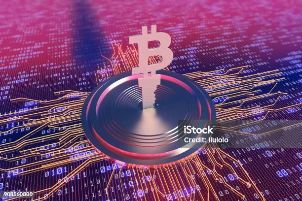 3 차원 일러스트 레이 션 가상 트랜잭션 통화 Bitcoin 인터넷 금융 사이버 경제 회로 보드 및 키 통화에 대한 스톡 사진