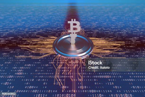 3 차원 일러스트 레이 션 가상 트랜잭션 통화 Bitcoin 인터넷 금융 사이버 경제 회로 보드 및 키 Cpu에 대한 스톡 사진