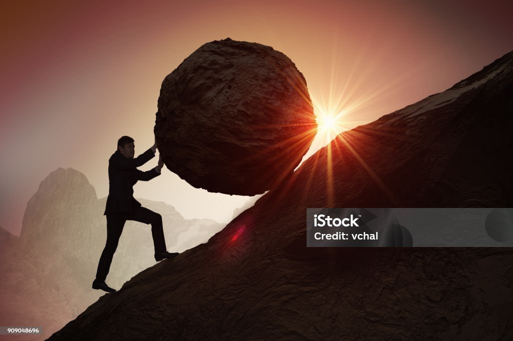 Sisyphus Metafora Siluet Pengusaha Mendorong Batu Besar Besar Di Atas ... Sisyphus Metafora Siluet Pengusaha Mendorong Batu Besar Besar Di Atas ...