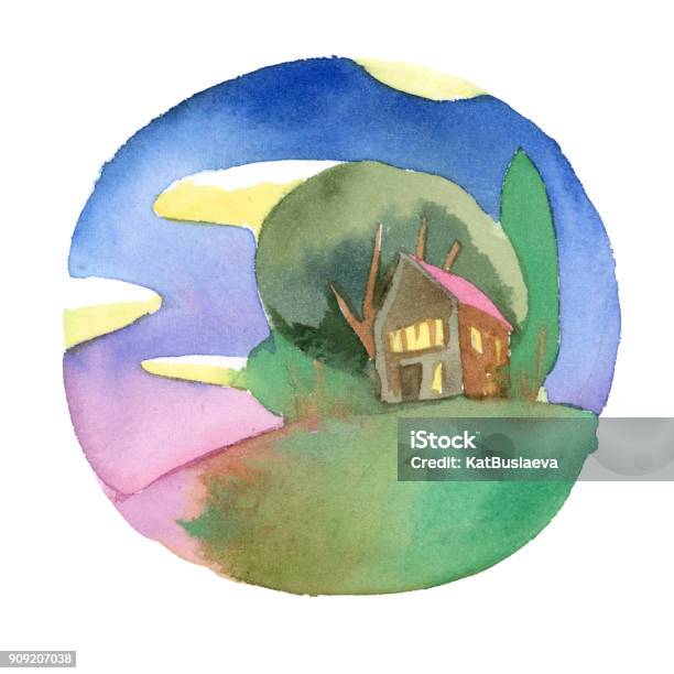 Ilustrasi Cat Air Bulat Lanskap Malam Dengan Pepohonan Rumah Dan ... Ilustrasi Cat Air Bulat Lanskap Malam Dengan Pepohonan Rumah Dan ...