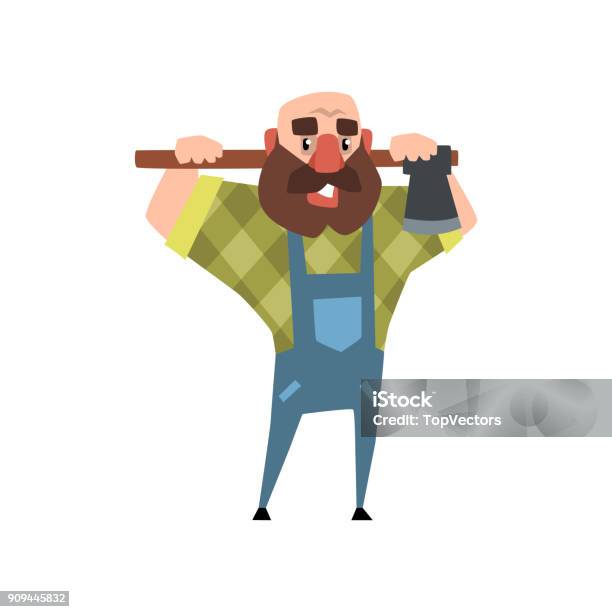 Karakter Kartun Pria Berjenggot Dengan Kapak Kayu Botak Lucu Pria