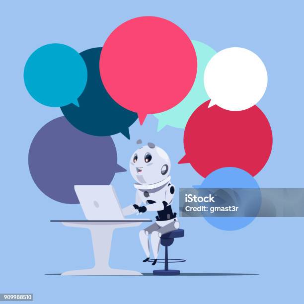 Chatbot 또는 대화 응용 프로그램 귀여운 로봇 사용 노트북 컴퓨터 서식 파일 배너 화려한 채팅 거품 Chatterbot